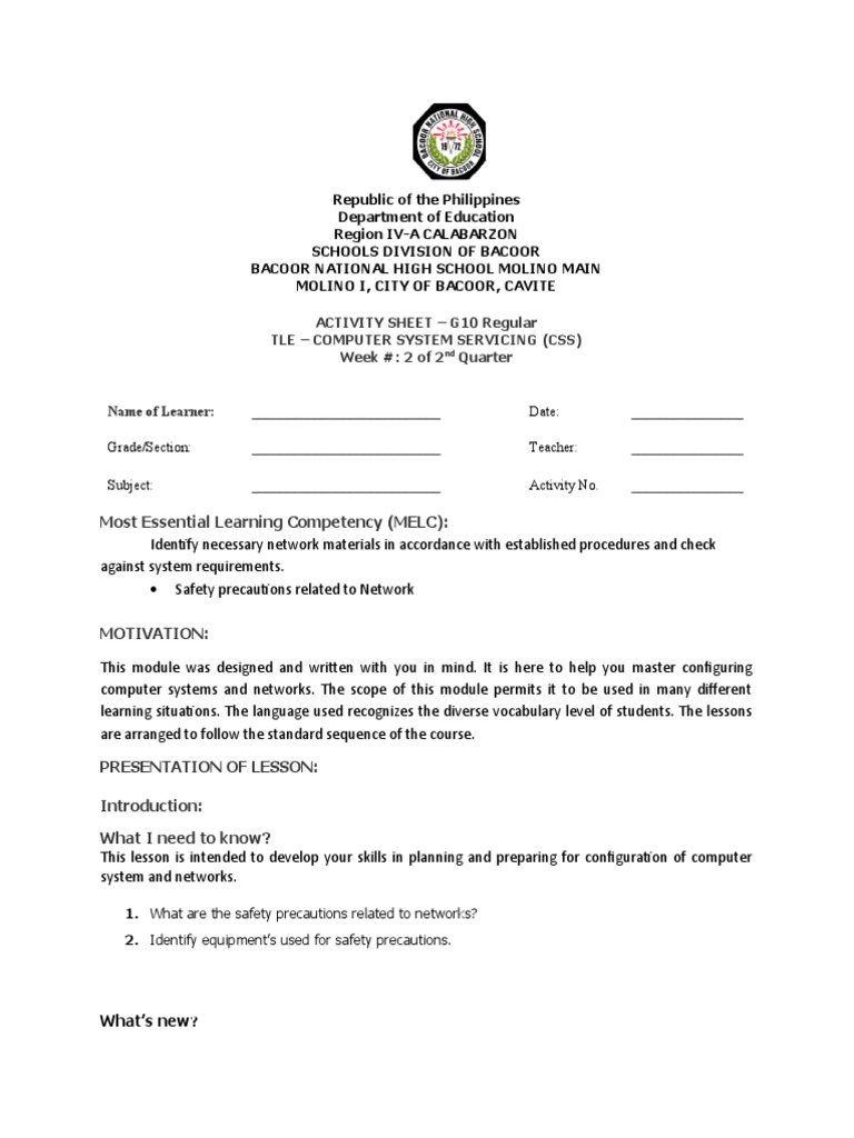 Activity Sheet - G10 Regular Tle - Computer System Servicing (CSS) Week ...