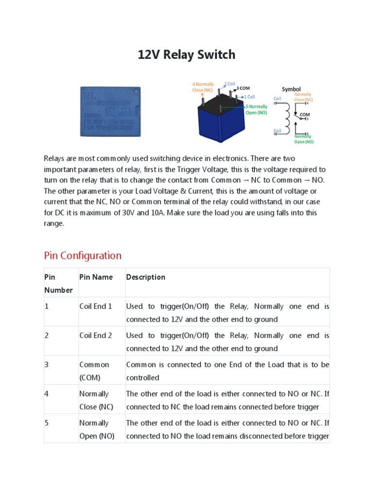 12V Relay Switch: Pin Configuration | PDF | Relay | Switch