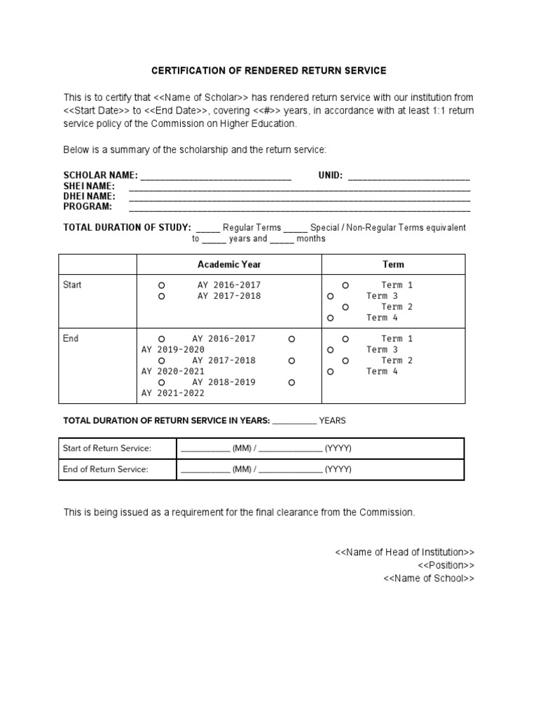 Certification of Rendered Return Service 1 | PDF