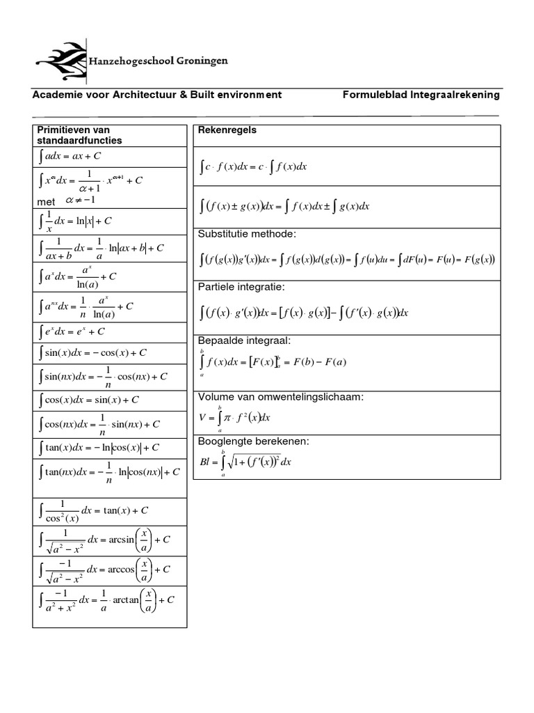 Formuleblad Integraalrekening | PDF