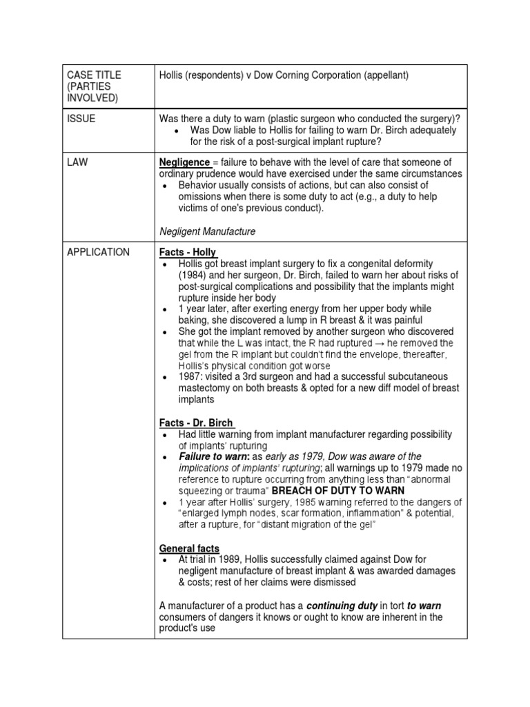 Hollis V Dow Corning Corporation | PDF | Negligence | Implant (Medicine)