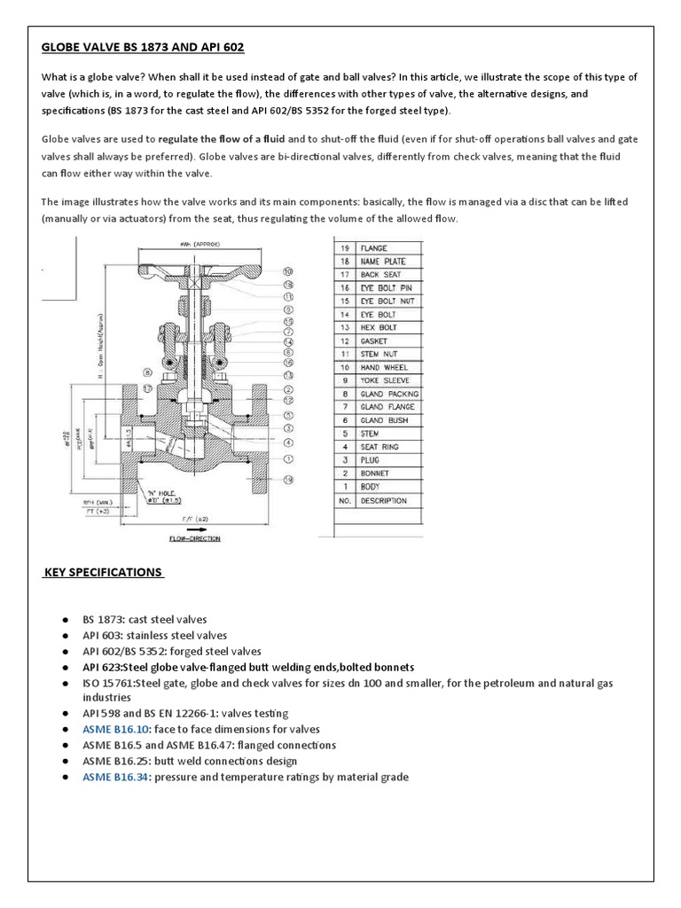 Globe Valve Bs 1873 and Api 602: ASME B16.10 | PDF | Valve | Fluid Dynamics