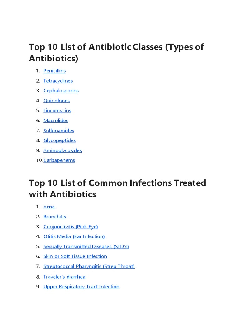 Top 10 List of Antibiotic Classes | PDF | Beta Lactamase | Antibiotics