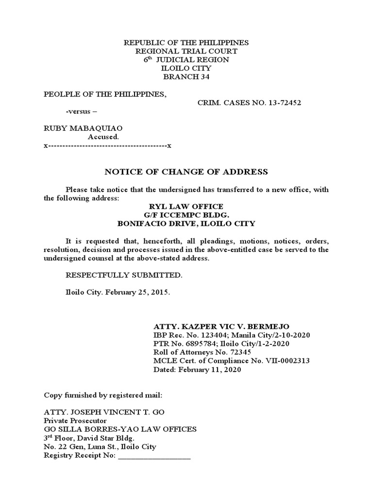 Notice of Change of Address: Ryl Law Office G/F Iccempc Bldg. Bonifacio ...