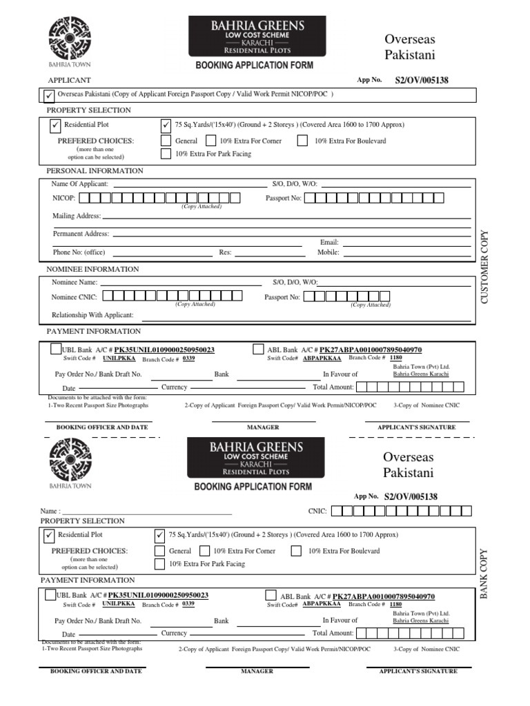 Bahria Greens Karachi Overseas Form | PDF | Passport | Financial Services