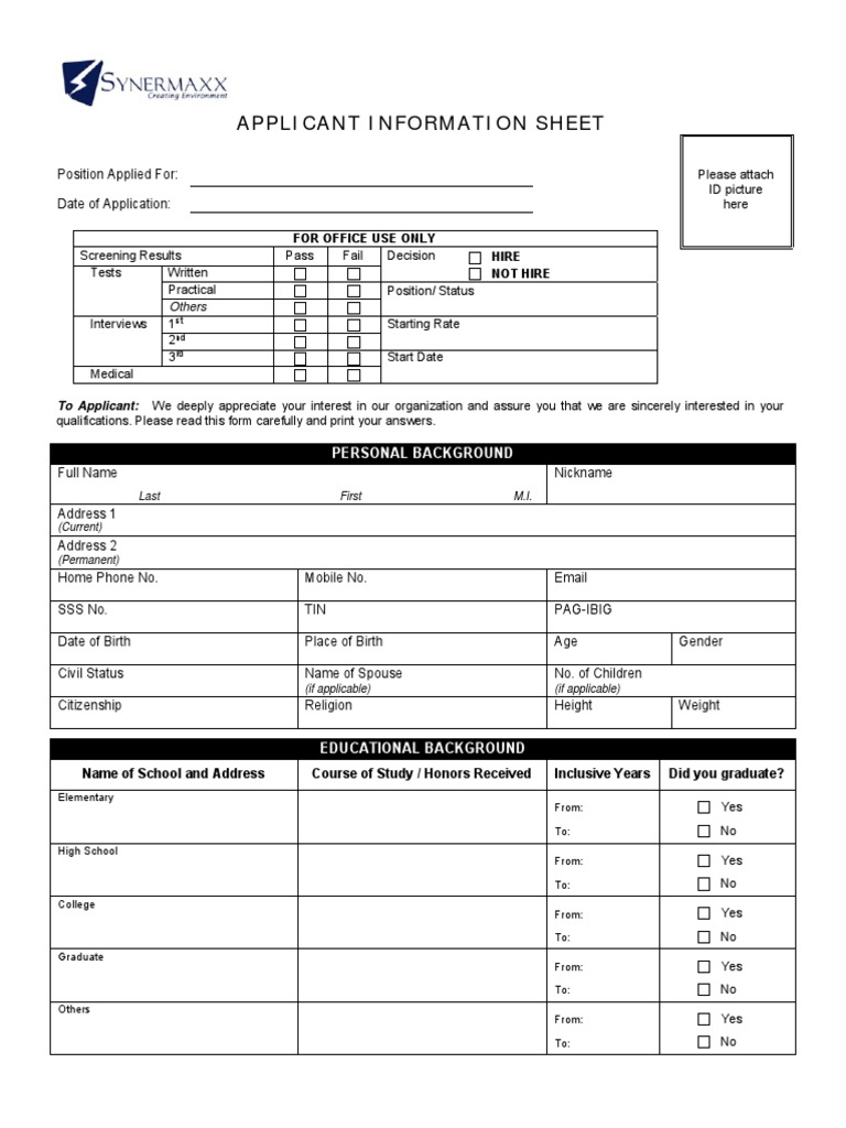 A Comprehensive Profile: An Applicant Information Sheet for Evaluating ...