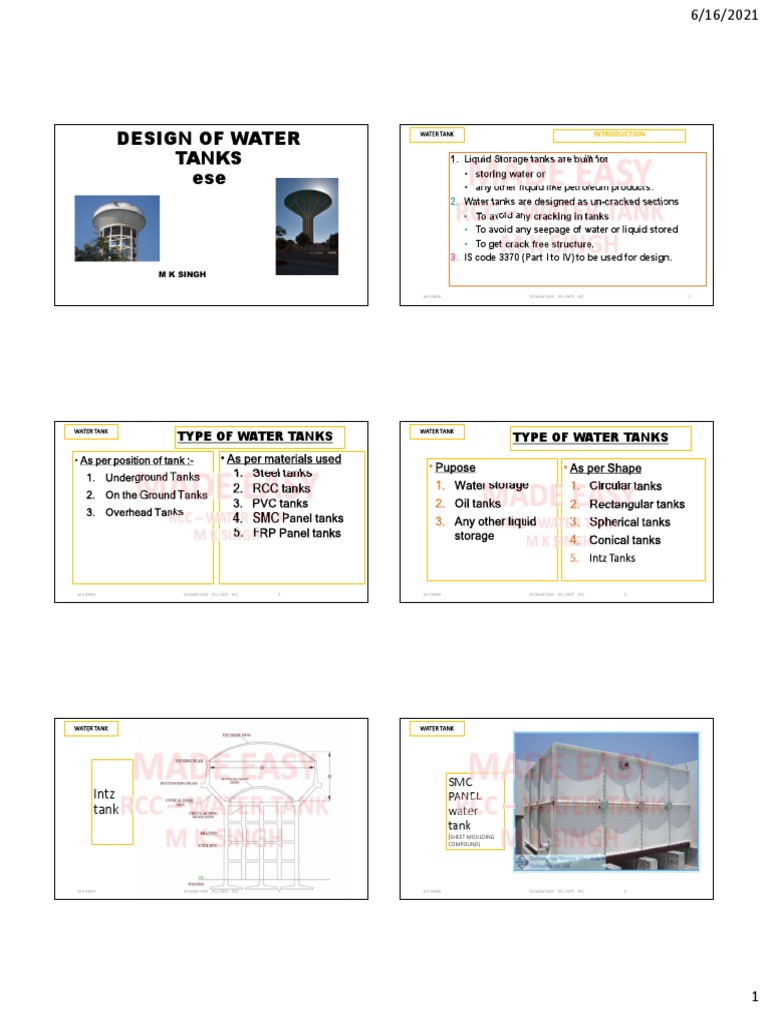Design of Water Tanks Ese: Intz Tank | PDF | Bending | Concrete