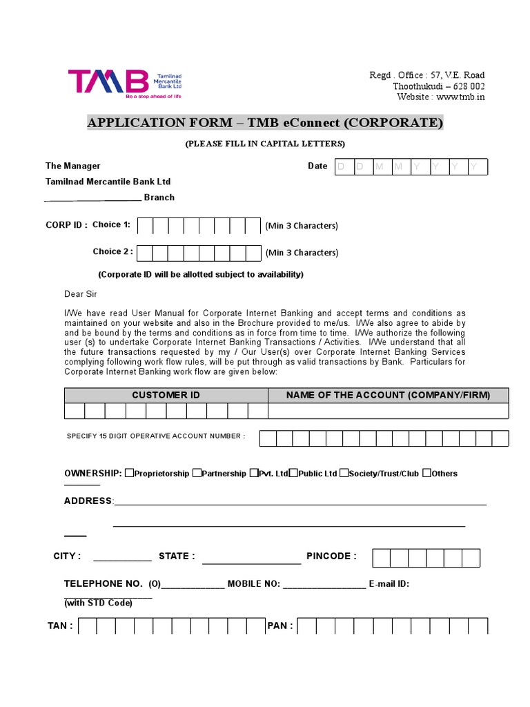 Appln Form Corporate | PDF | Online Banking | Banks & Banking