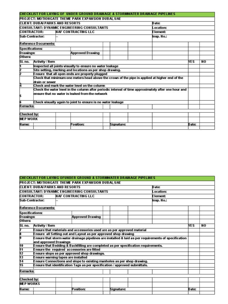 CHECKLIST FOR LAYING OF Under Ground Drainage & Storm Water Pipeline ...