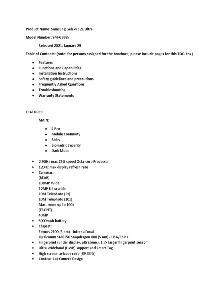 Product Name: Samsung Galaxy S21 Ultra Model Number: SM-G998x ...