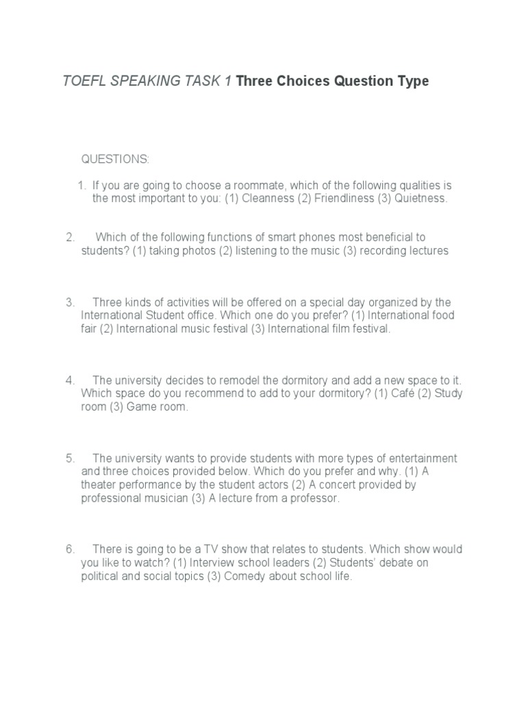 TOEFL SPEAKING TASK 1 Three Choices Question Type | PDF