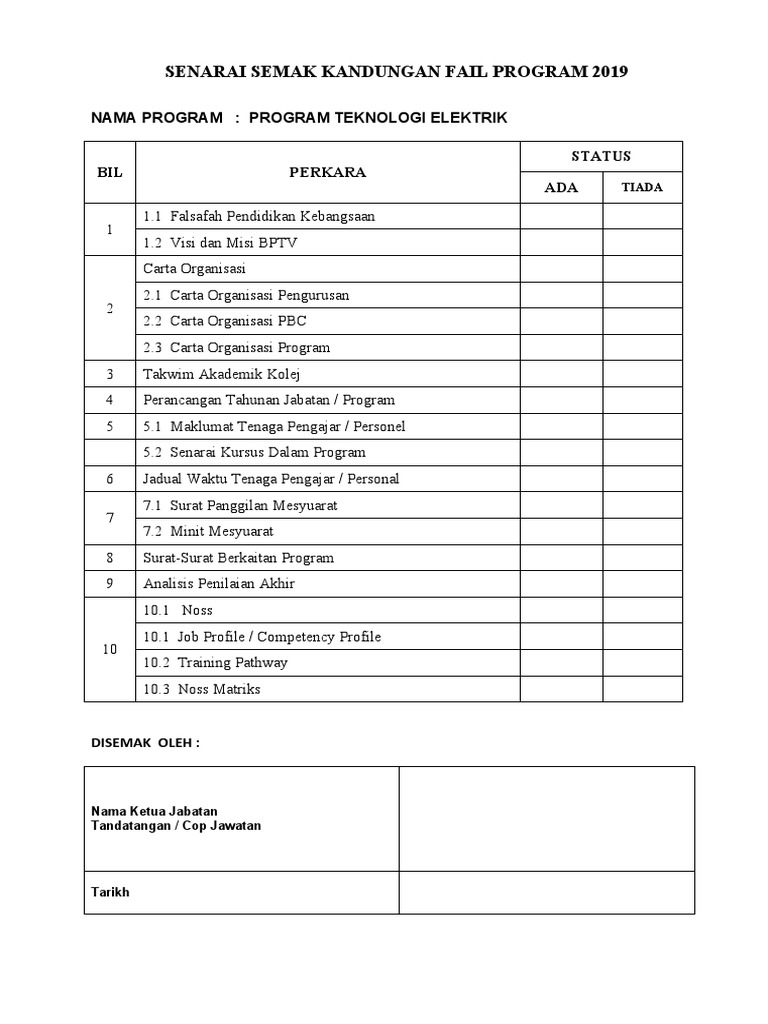 Senarai Semak Fail Program | PDF