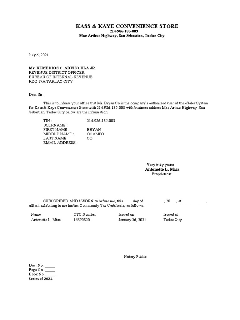 ANNEX A Notarial Letter For Esales | PDF
