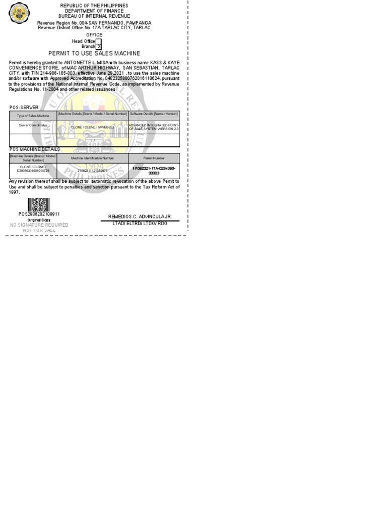 Permit To Use Sales Machine: Not For Sale No Signature Required | PDF