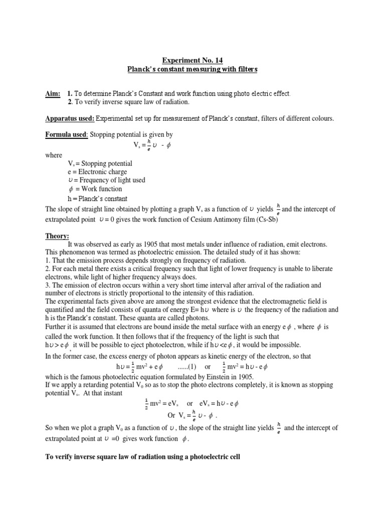 Experiment No 14 Plancks Constant Measur | PDF | Photoelectric Effect | Emission Spectrum