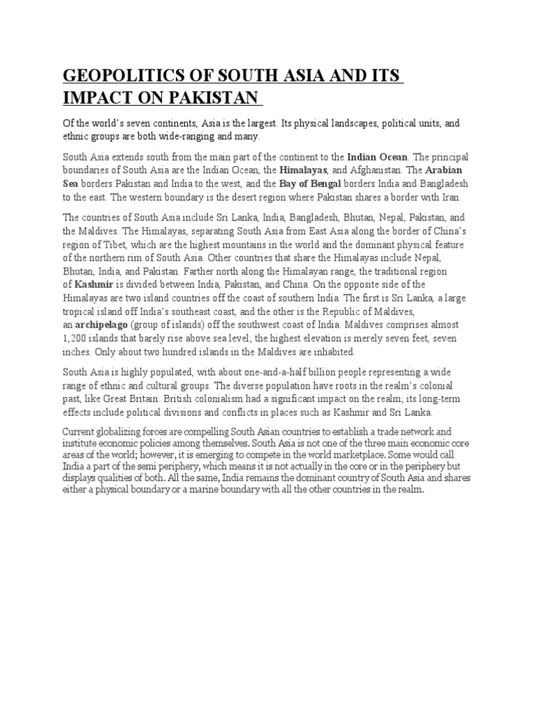 Geopolitics of South Asia and Its Impact On Pakistan | PDF | South Asia ...