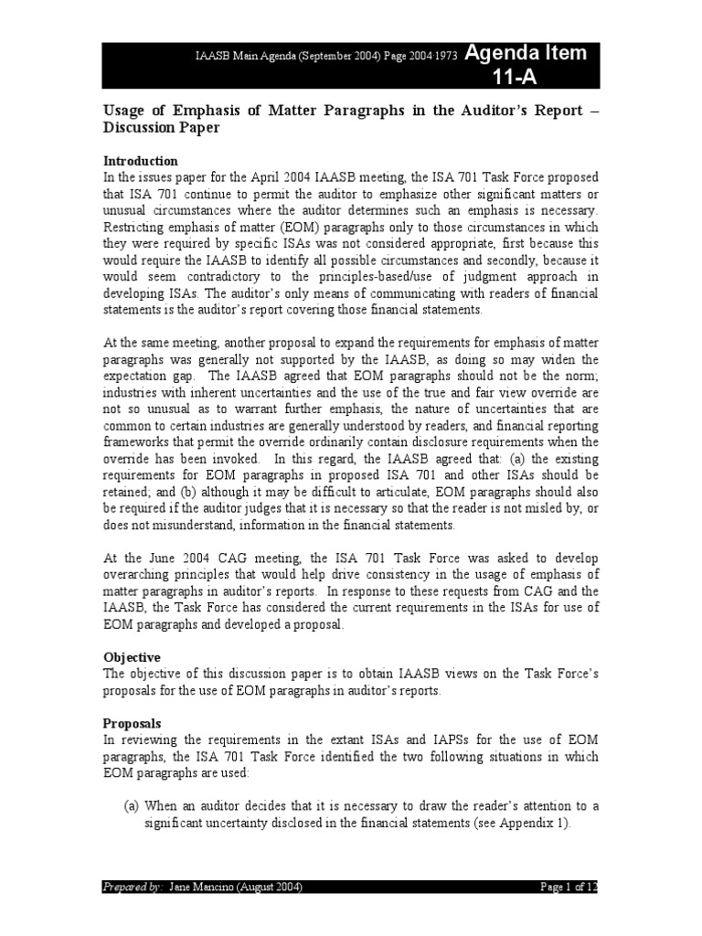 Agenda Item 11-A: Usage of Emphasis of Matter Paragraphs in The Auditor ...