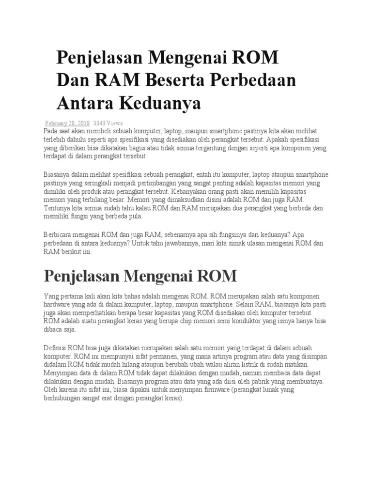 Penjelasan Mengenai ROM Dan RAM Beserta Perbedaan Antara Keduanya | PDF