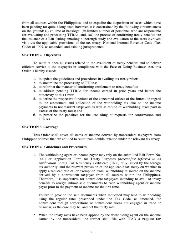 SECTION 2. Objectives: Application Form), Tax Residency Certificate ...