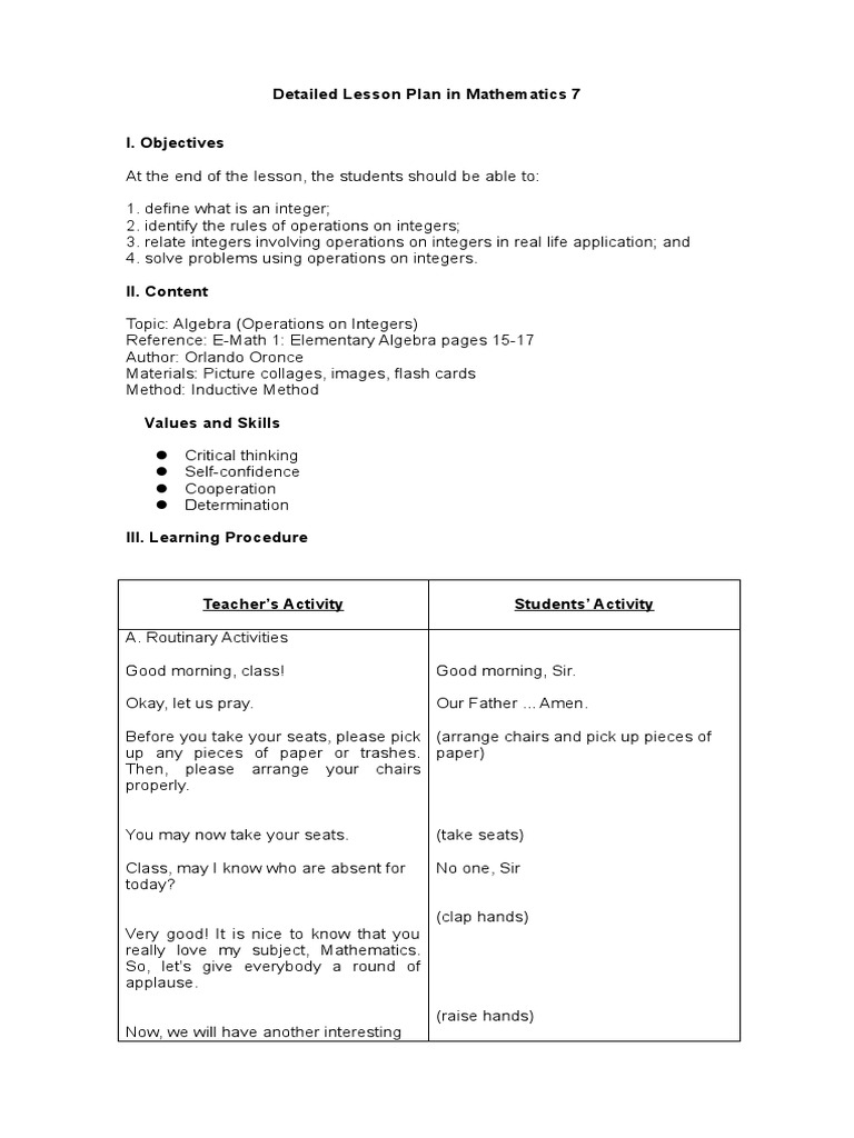 Grade 7 Integers Lesson Plan | PDF | Integer | Numbers