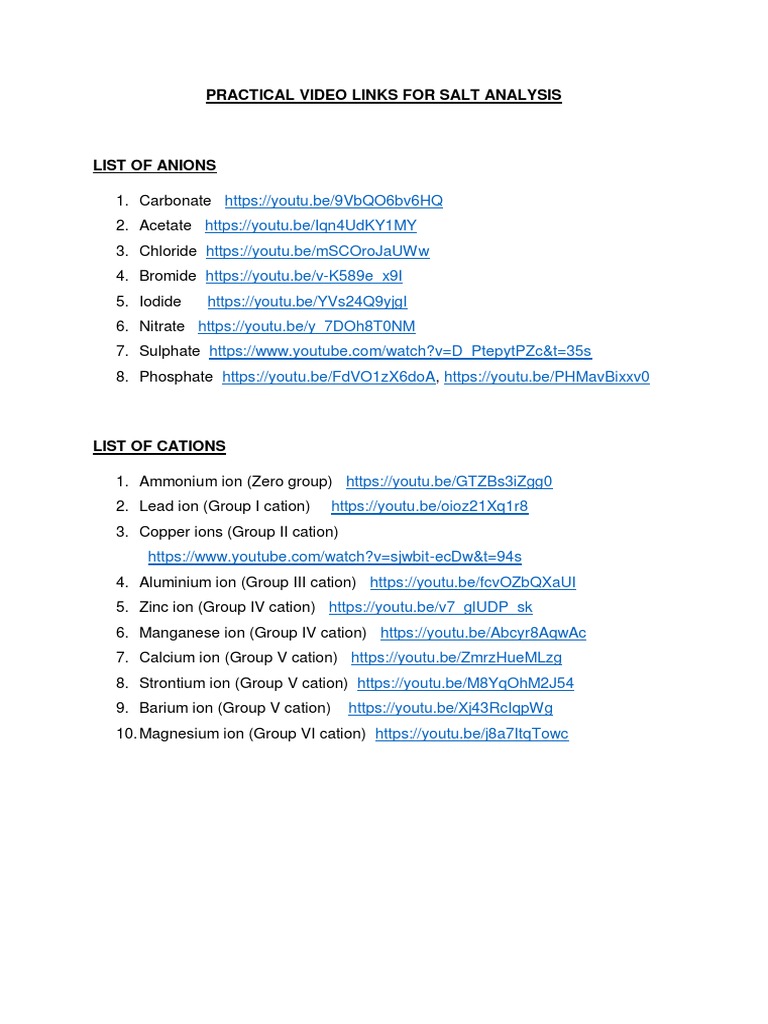 SALT ANALYSIS - Video Link For Practicals | PDF