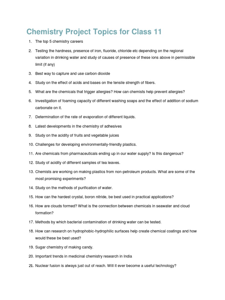 Class 11 Chemistry Project Topics | PDF
