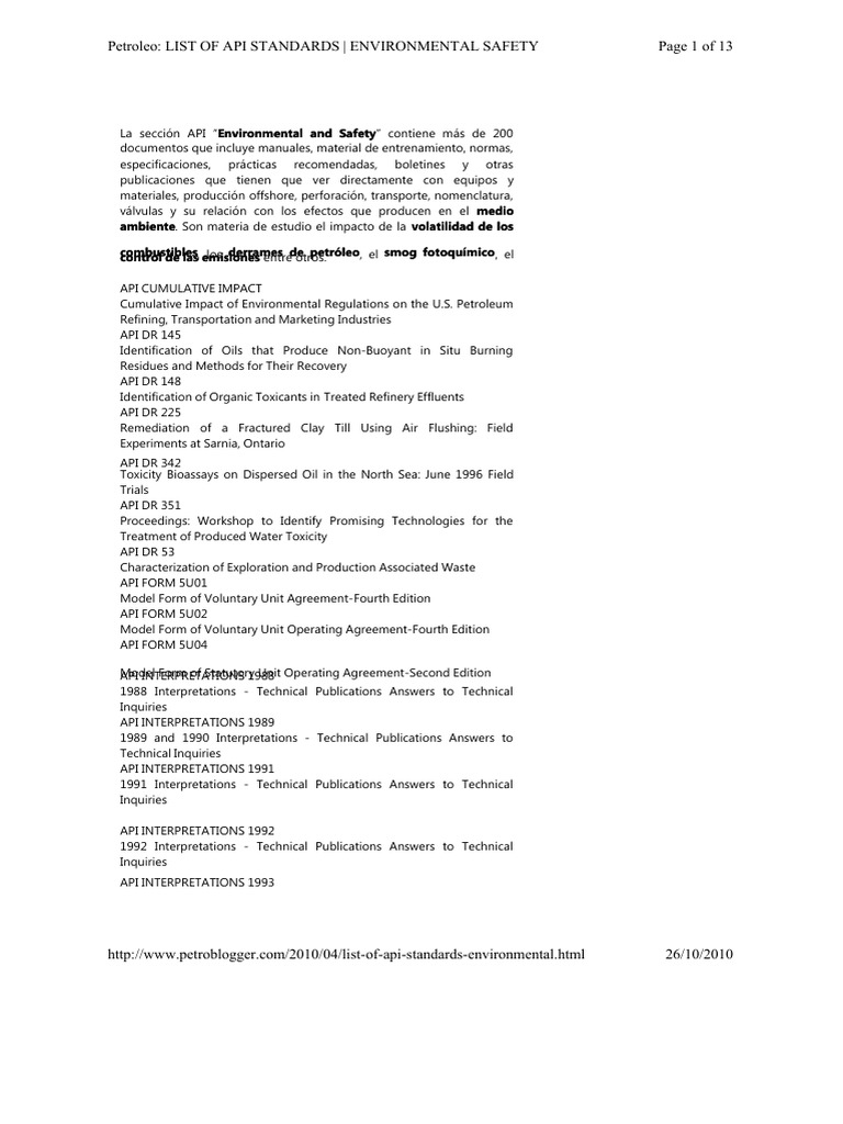 Page 1 of 13 Petroleo: List of Api Standards - Environmental Safety ...
