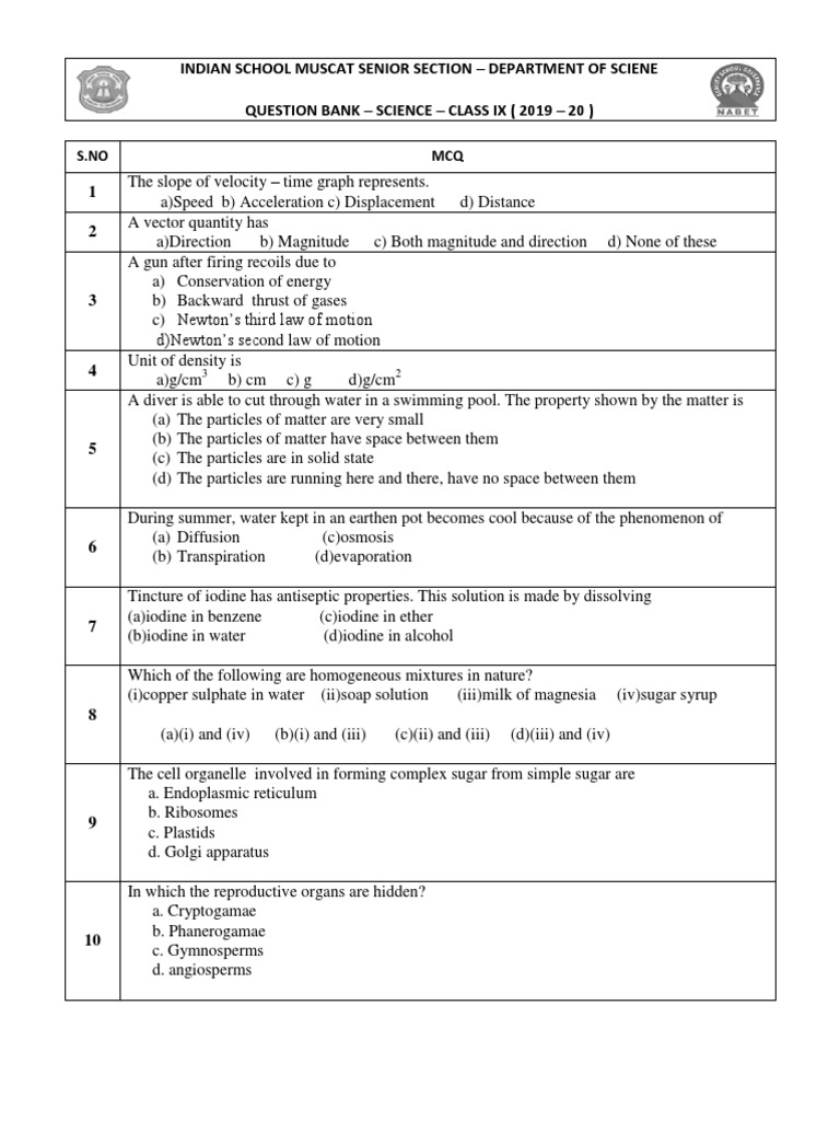 Question Bank - Science Class Ix - 1 | PDF | Velocity | Solution