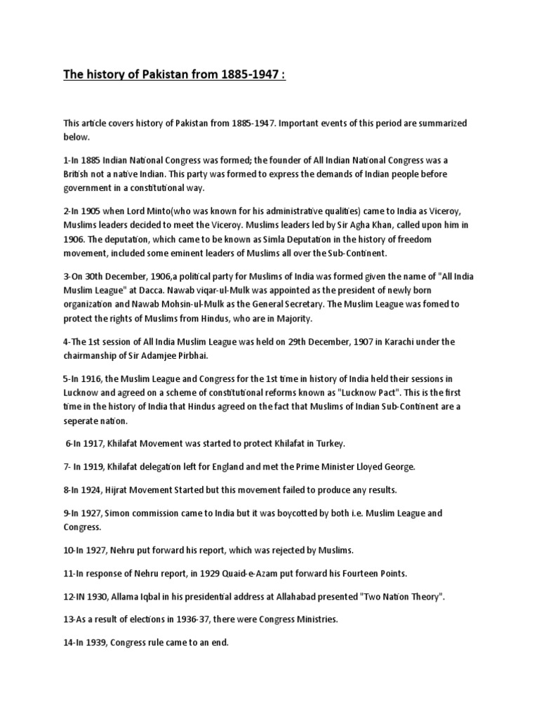 History of Pakistan From 1885 t0 1947 | PDF | Muhammad Ali Jinnah | All ...