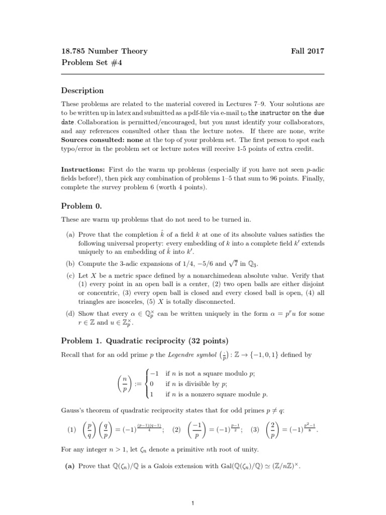 Number Theory Problem Set 4: Quadratic Reciprocity, Weak Approximation, p-adic Rings and Fields ...