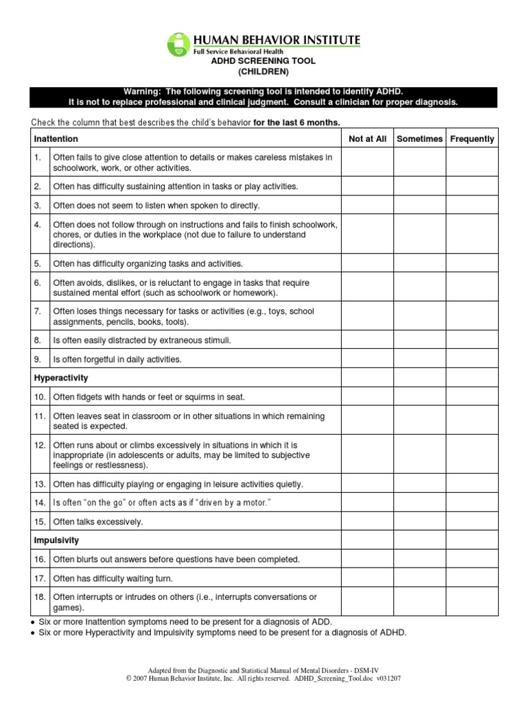 Adhd Screening Tool | PDF | Attention Deficit Hyperactivity Disorder ...