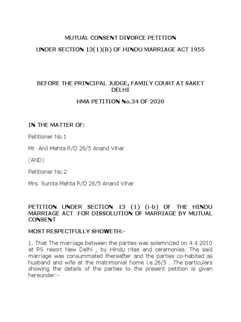 Mutual Consent Divorce Petition Delhi | PDF | Divorce | Alimony