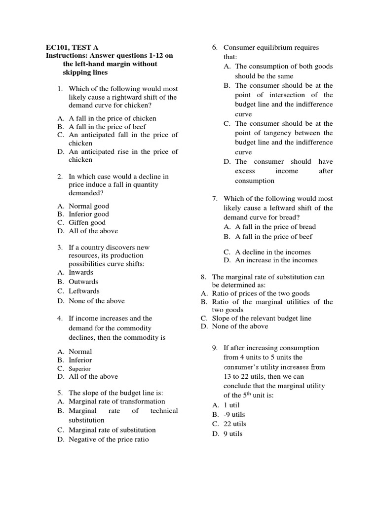 Ec101, Test A Instructions: Answer Questions 1-12 On The Left-Hand ...