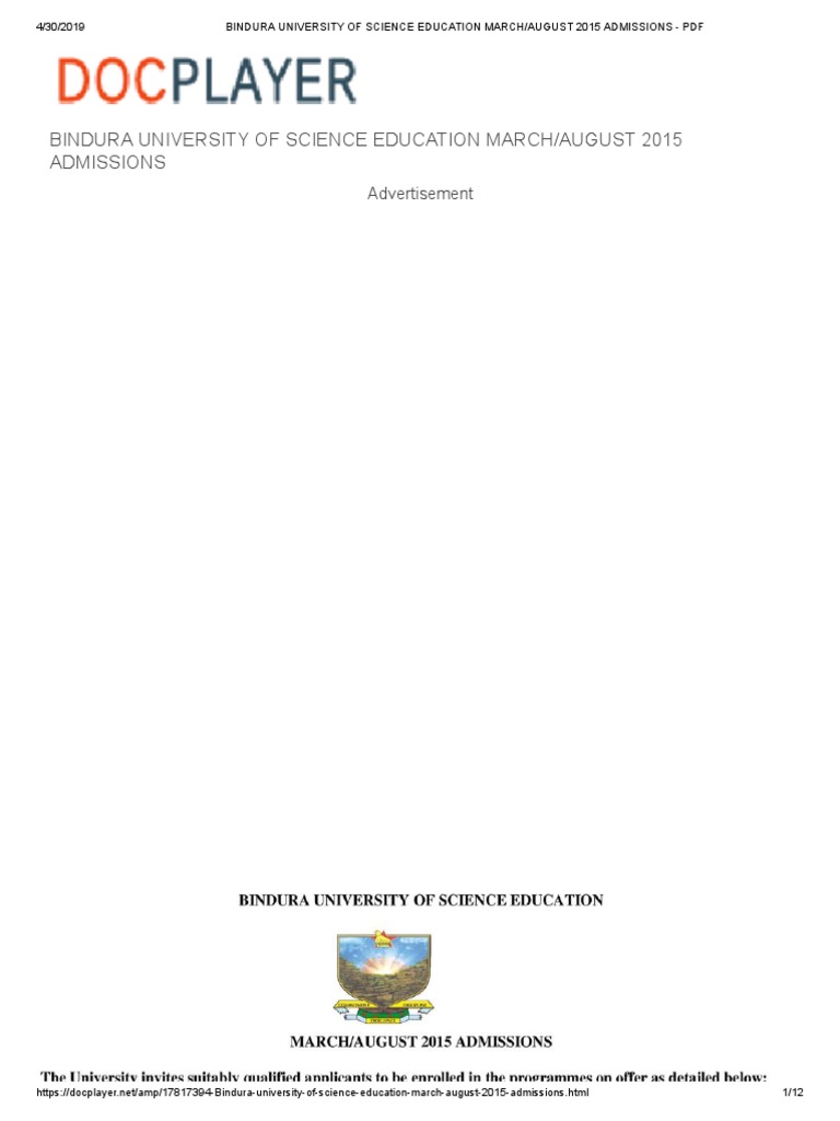Bindura University of Science Education March - August 2015 Admissions ...