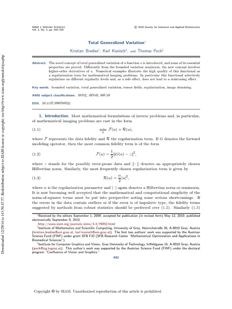 Total Generalized Variation: Kristian Bredies, Karl Kunisch, Thomas ...