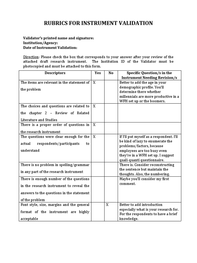 Rubric for Research Instrument Validation | PDF | Question ...