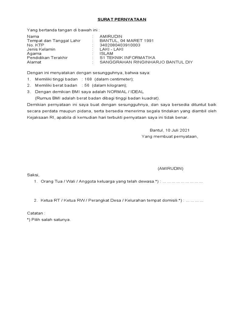 Surat Pernyataan TB BB Bmi | PDF