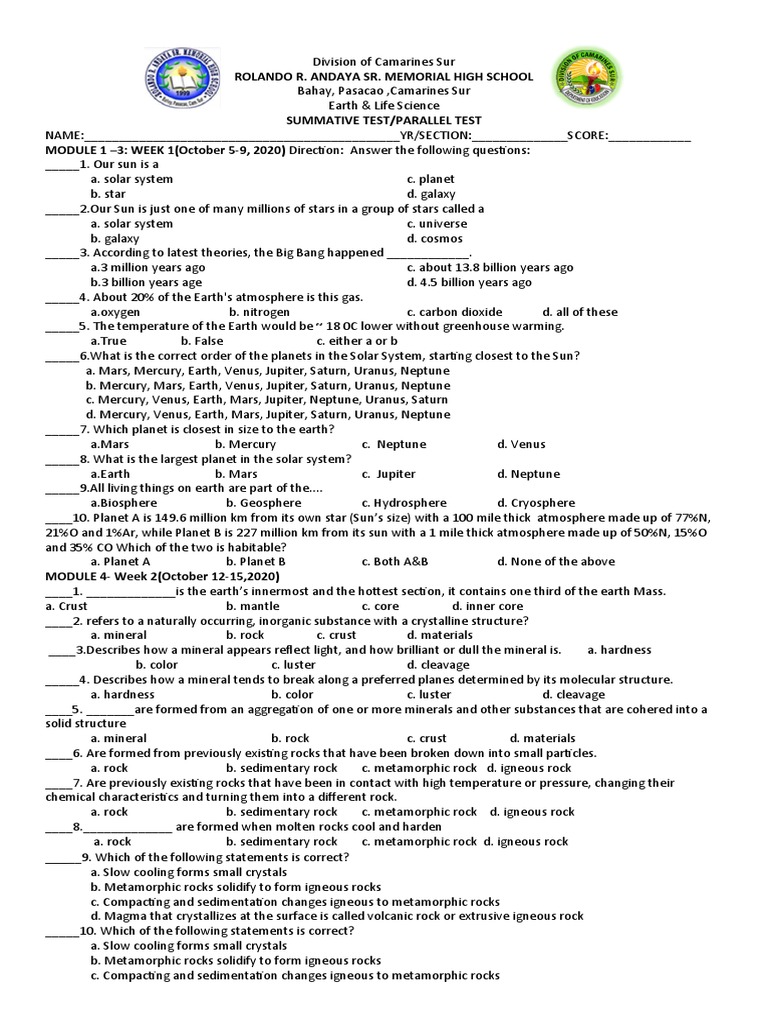 Grade 11 Earth & Life Science Test | PDF | Rock (Geology) | Igneous Rock