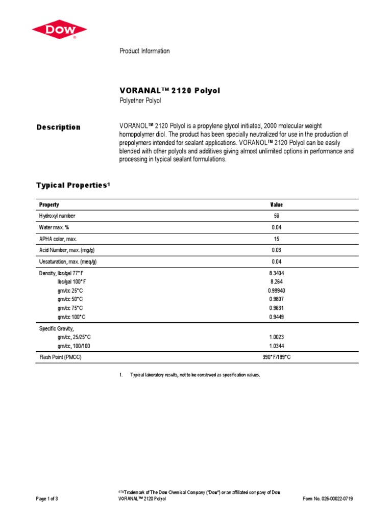 026 00022 01 Voranol 2120 Polyol Tds | PDF | Fires | Waste Management