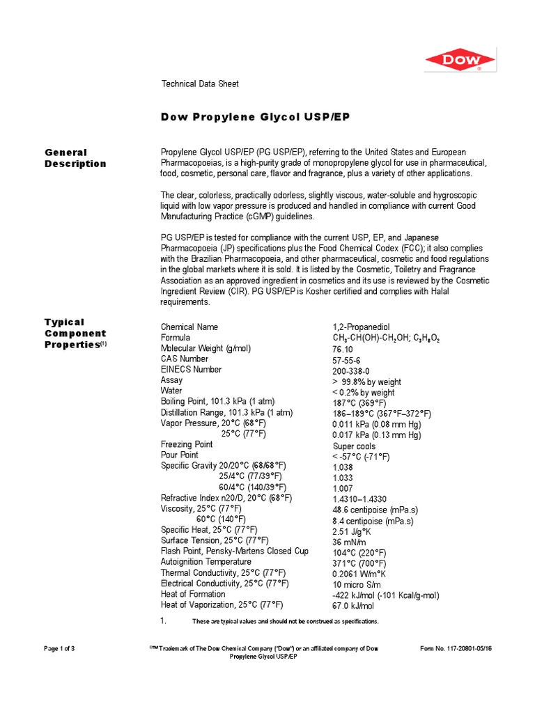 Dow Propylene Glycol USP/EP: General Description | PDF | Chemistry | Nature