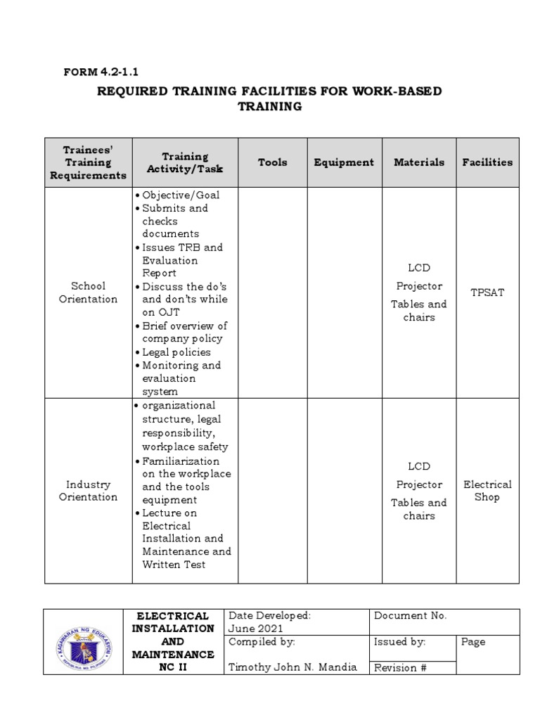 Required Facilities for Electrical Training | PDF | Equipment | Tools