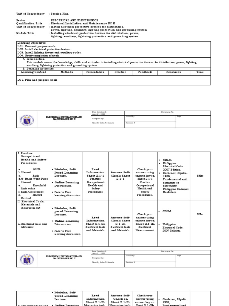 EIM TM! Session Plan | PDF | Electrical Wiring | Occupational Safety ...