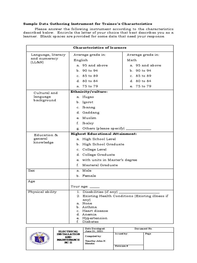Sample Data Gathering Instrument For Trainee's Characteristics | PDF ...