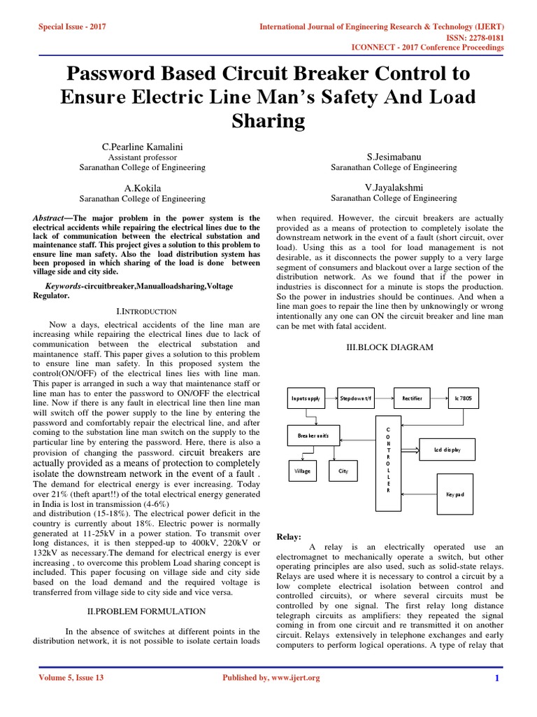 Password Based Circuit Breaker Control To Ensure Electric Line Mans Safety and Load Sharing ...