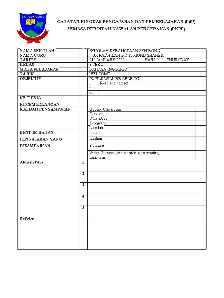 Catatan Ringkas PDPC Semasa PKP SK Senibong Bau | PDF