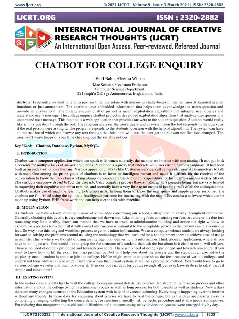 Chatbot For College Enquiry: Emil Babu, Geethu Wilson | PDF | Internet ...