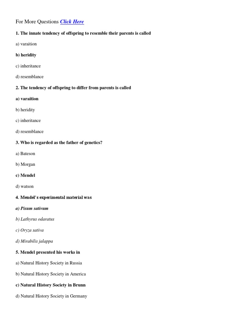 Mendelian Genetics MCQs and Answers | PDF