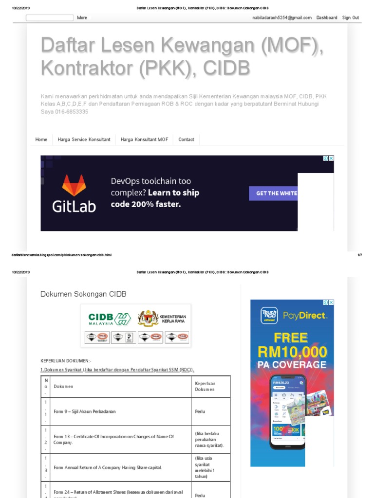 Daftar Lesen Kewangan (MOF), Kontraktor (PKK), CIDB - Dokumen Sokongan CIDB | PDF