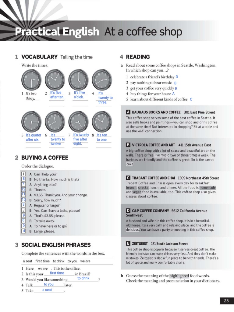 At Coffee Shop: Vocabulary Tellin The Time Reading | PDF | Coffee | Drink