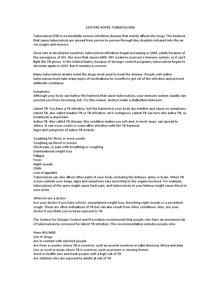 LECTURE NOTES ON TUBERCULOSIS (TB | PDF | Tuberculosis | Infection
